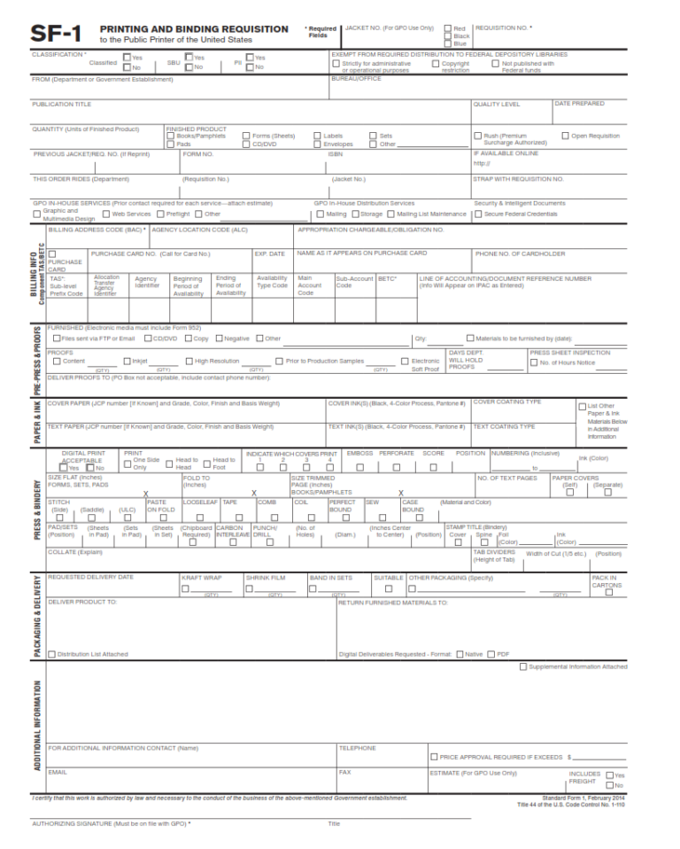 SF 1 Form – Printing and Binding Requisition to the Public Printer of ...