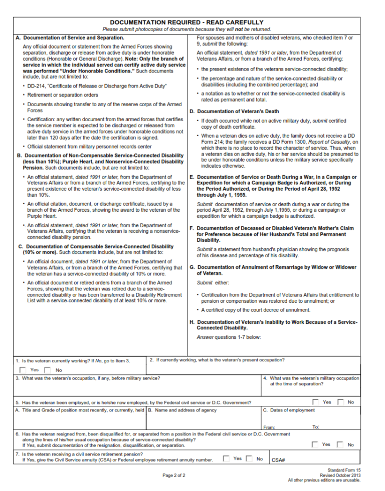 SF 15 Form – Application for 10-Point Veteran Preference | SF Forms