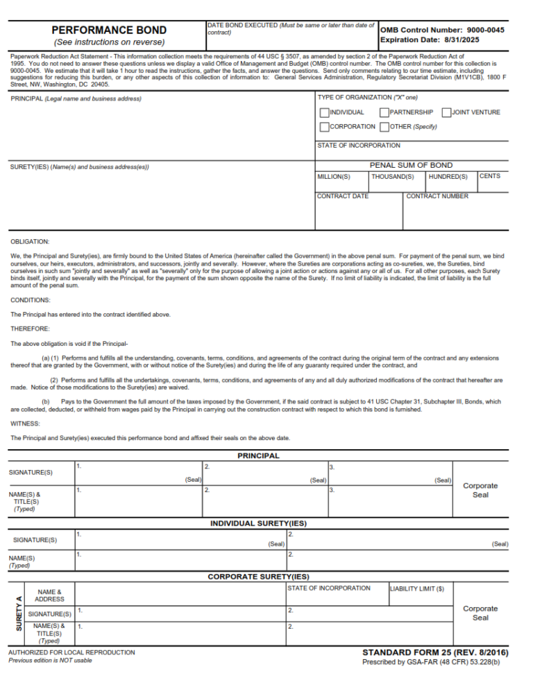 SF 25 Form – Performance Bond | SF Forms