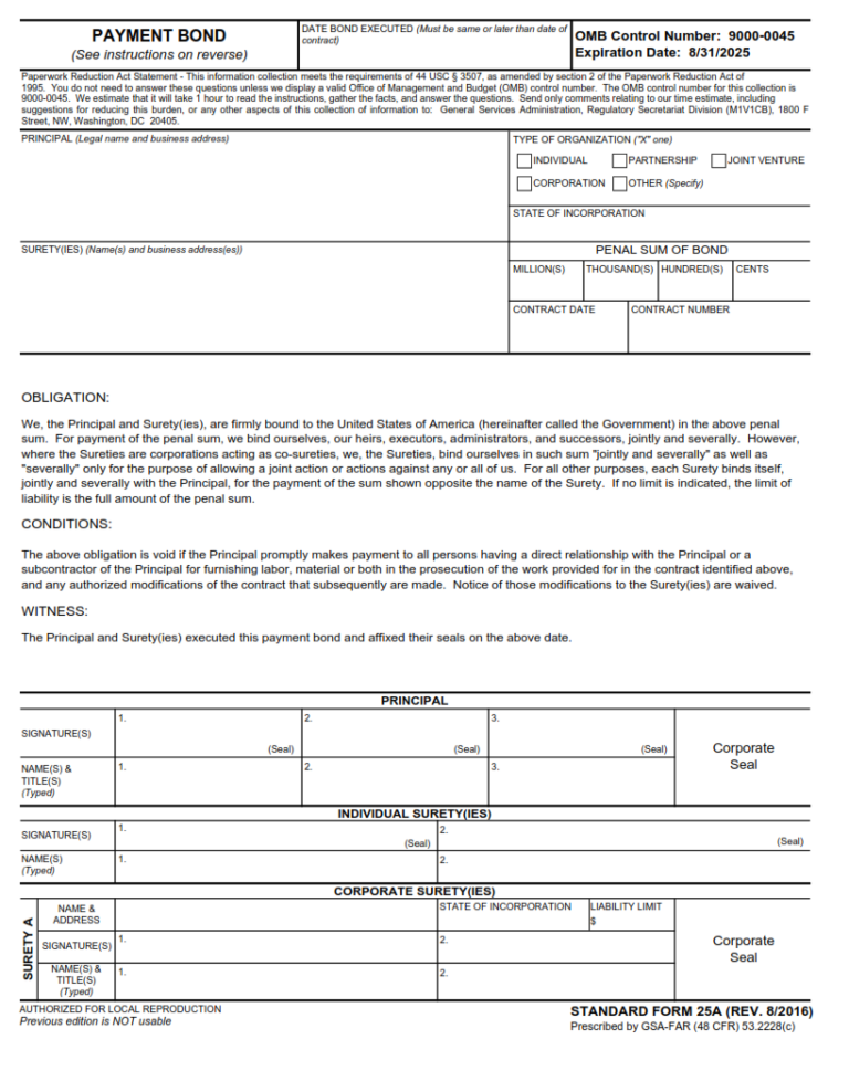 SF 25A Form – Payment Bond | SF Forms