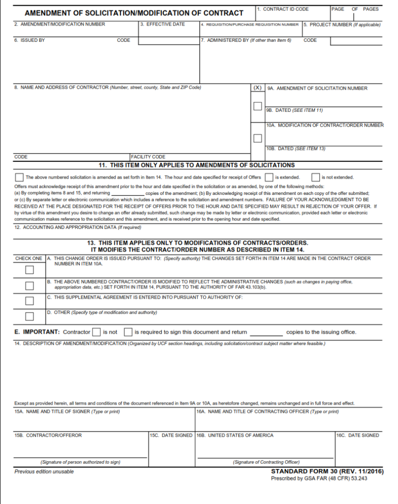 SF 30 Form – Amendment of Solicitation/Modification of Contract | SF Forms