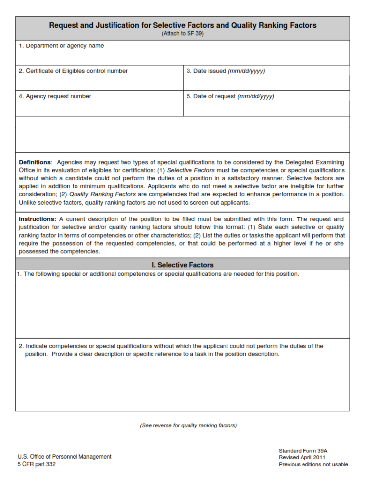 SF 39A Form – Request and Justification for Selective Factors and ...