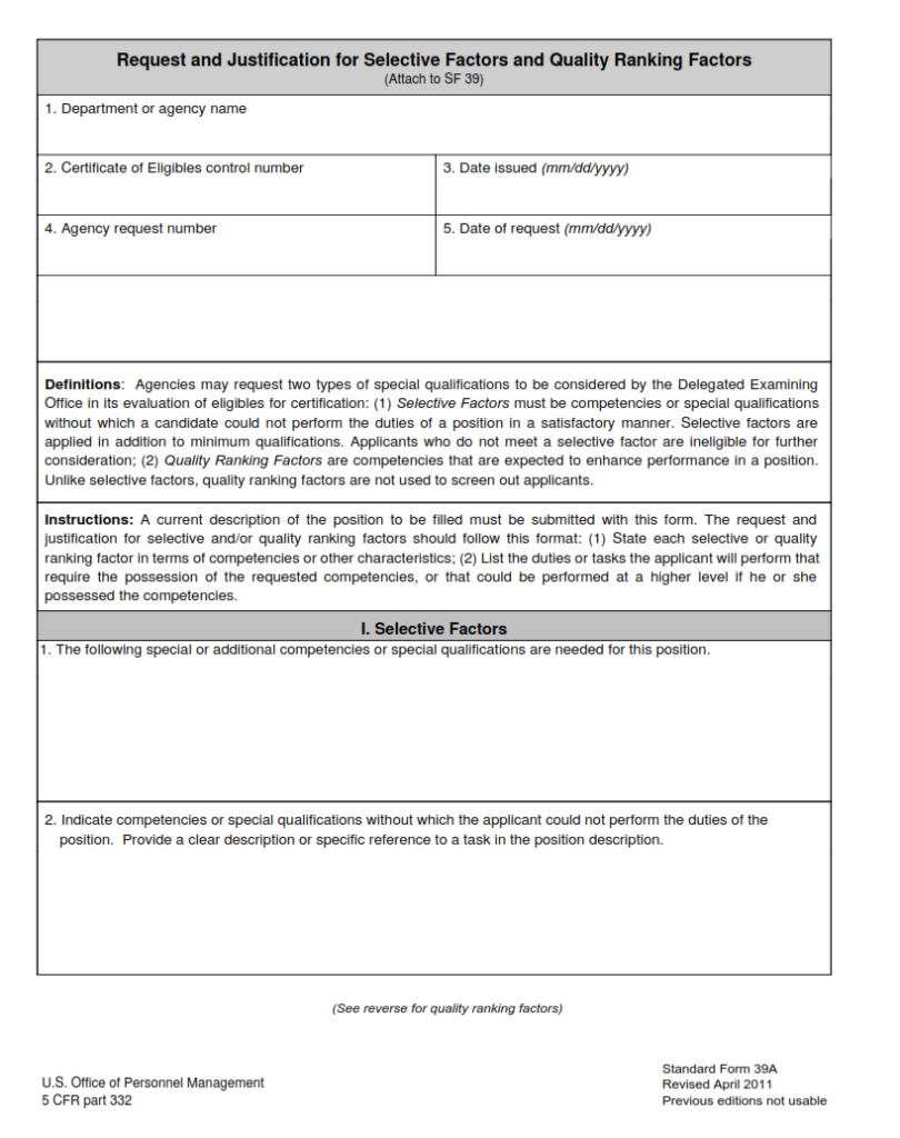 SF 39A Form – Request and Justification for Selective Factors and ...