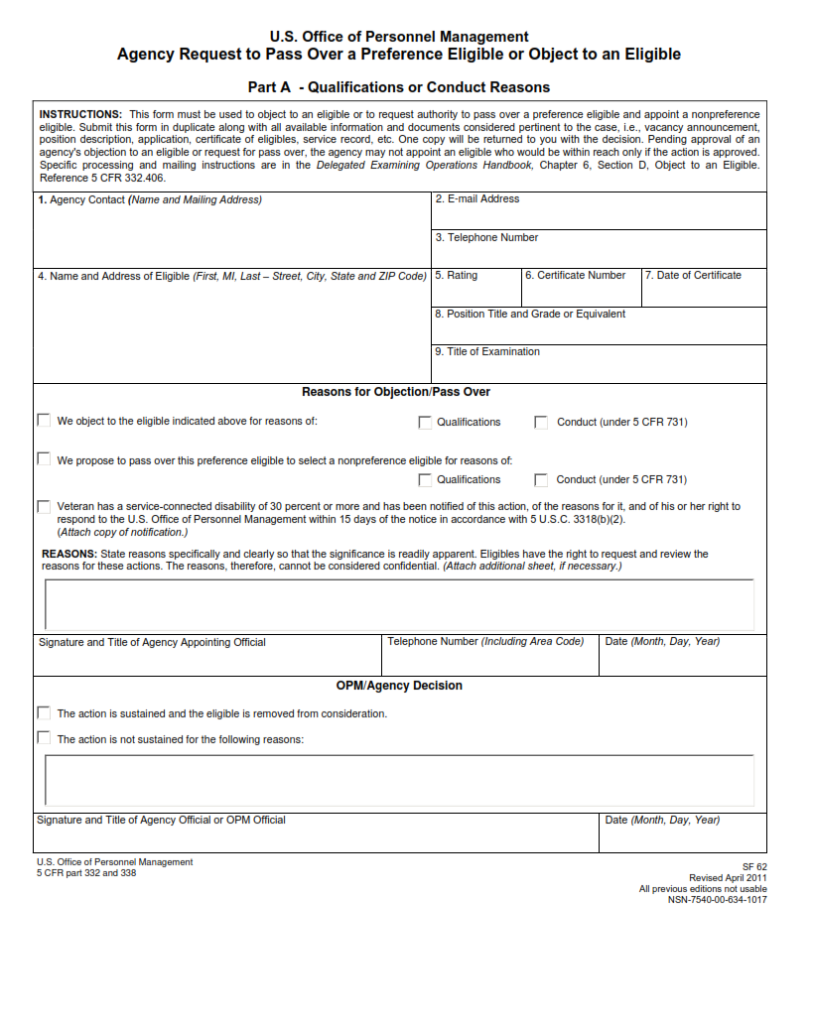 SF 62 Form – Agency Request to Pass Over a Preference Eligible or ...