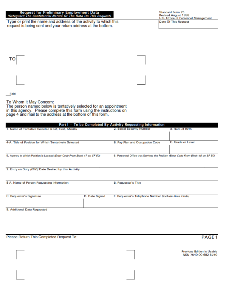 SF 75 Form – Request for Preliminary Employment Data | SF Forms