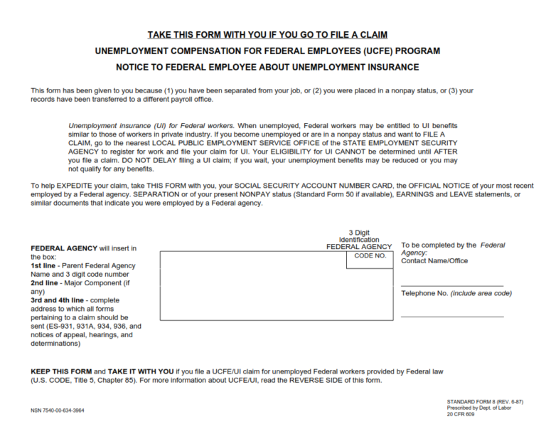 SF 8 Form – Notice to Federal Employee About Unemployment Insurance ...
