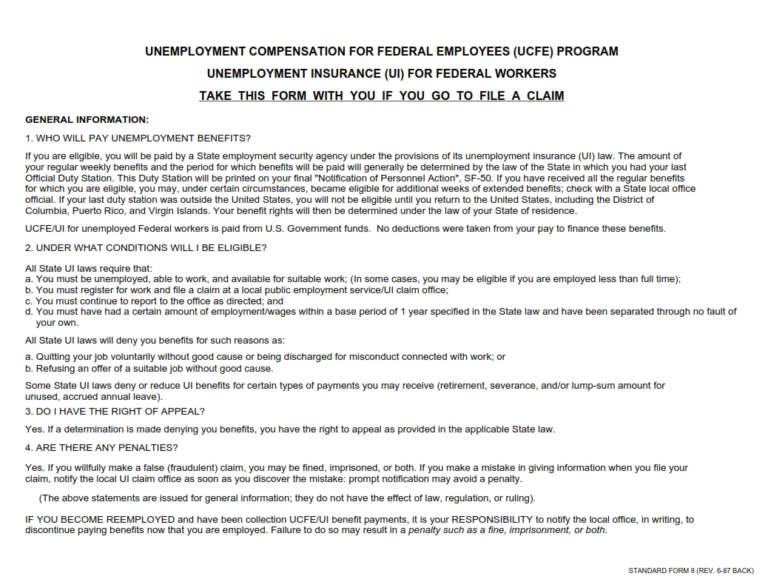SF 8 Form – Notice to Federal Employee About Unemployment Insurance ...