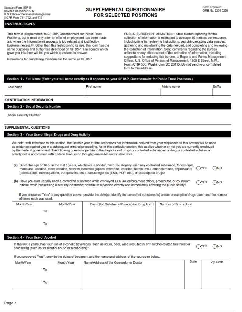 SF 85PS Form – Supplemental Questionnaire for Selected Positions | SF Forms