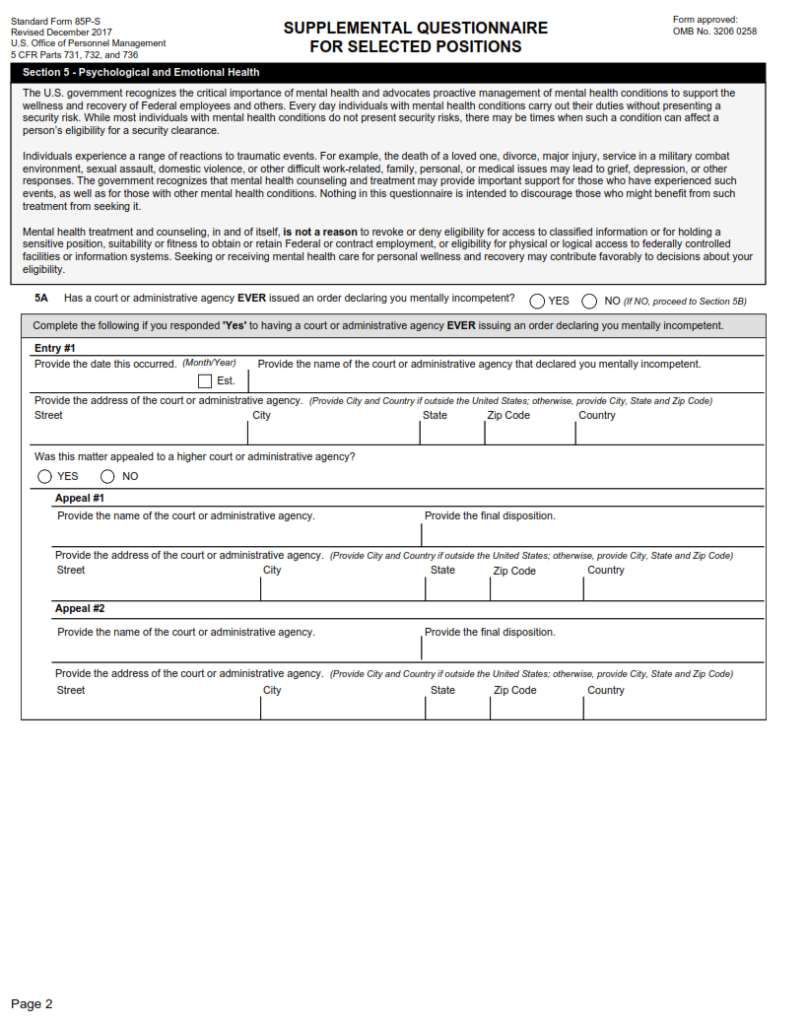 SF 85PS Form – Supplemental Questionnaire for Selected Positions | SF Forms