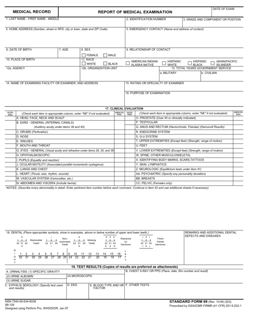 SF 88 Form – Medical Record – Report of Medical Examination | SF Forms