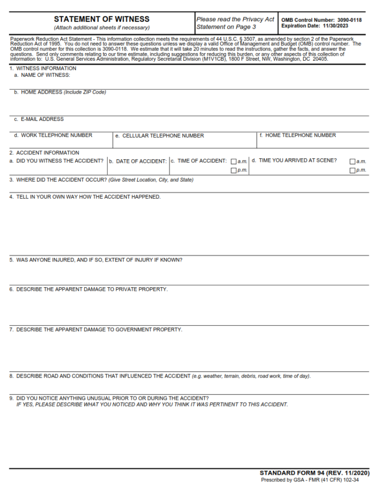 SF 94 Form – Statement of Witness | SF Forms
