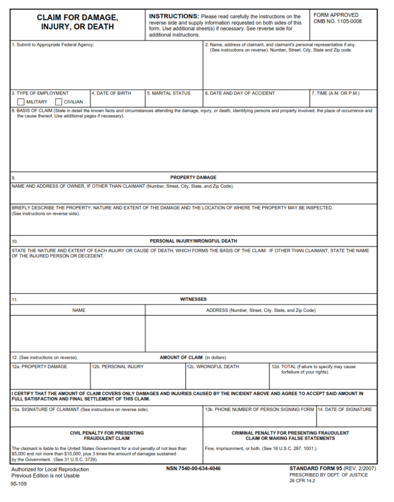 SF 95 Form – Claim for Damage, Injury, or Death | SF Forms