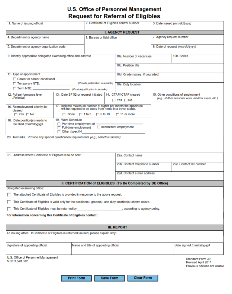 SF Form 39 – Request for Referral of Eligibles | SF Forms