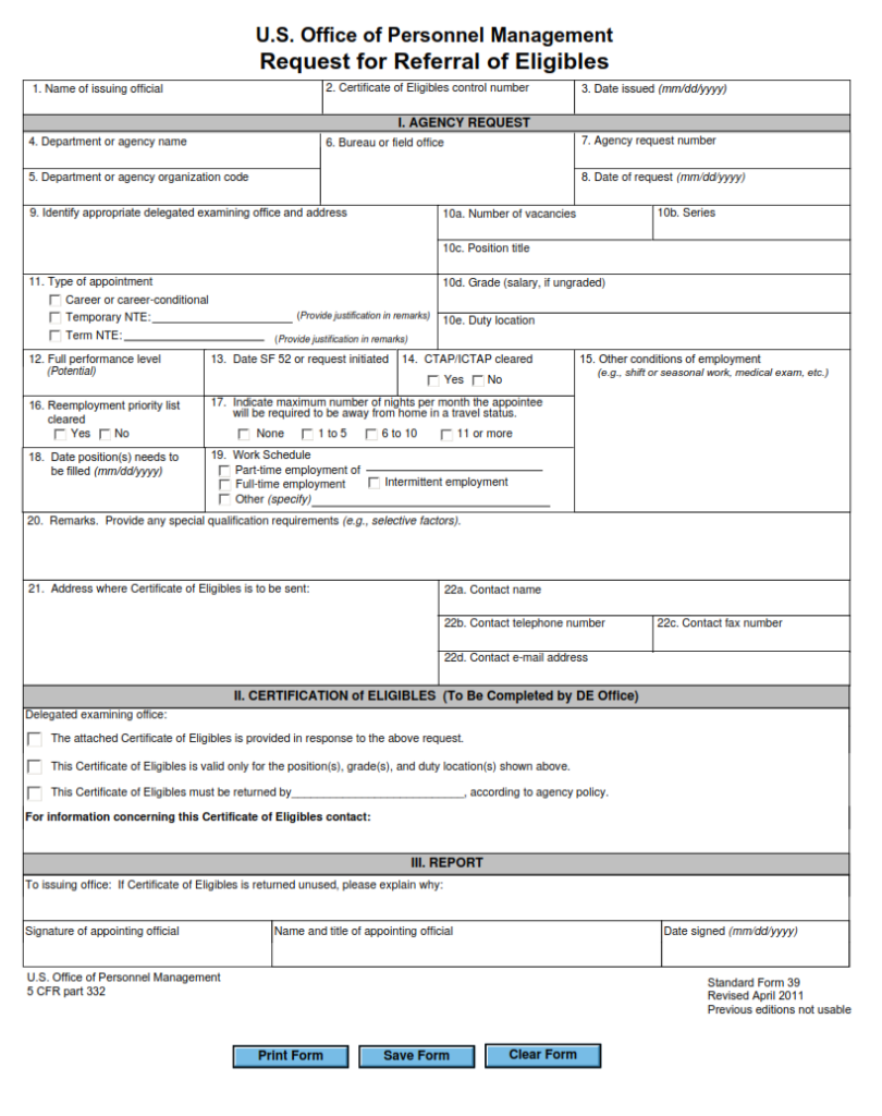SF Form 39 – Request for Referral of Eligibles | SF Forms