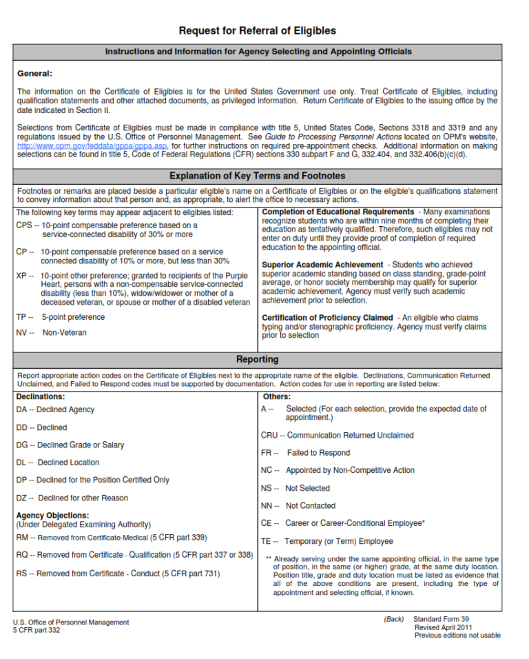 SF Form 39 – Request for Referral of Eligibles | SF Forms