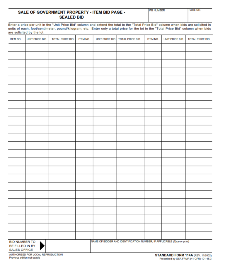 SF 114A Form – Sale of Government Property – Item Bid Page – Sealed Bid ...