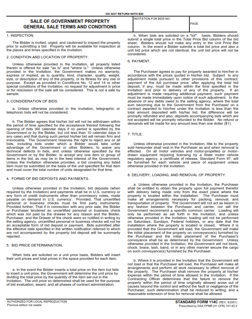 SF 114C Form – Sale of Government Property – General Sale Terms and ...