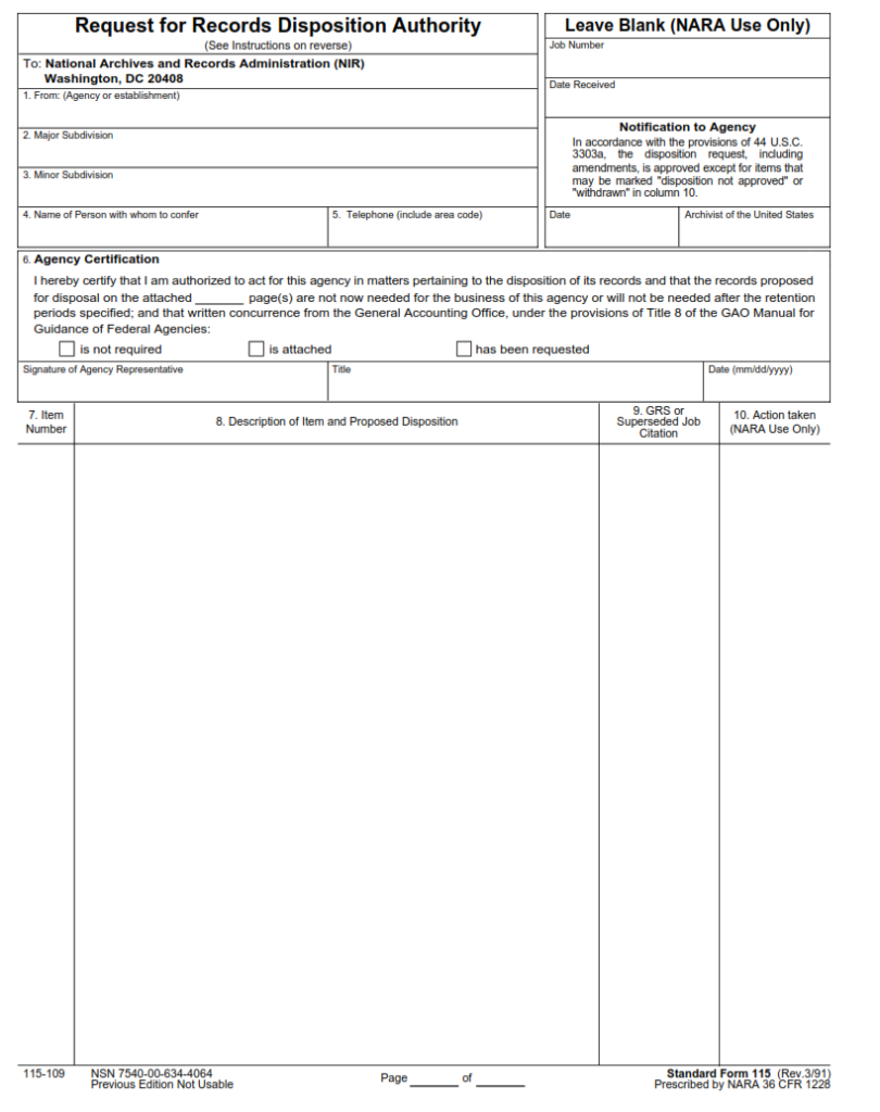 SF 115 Form – Request for Records Disposition Authority | SF Forms