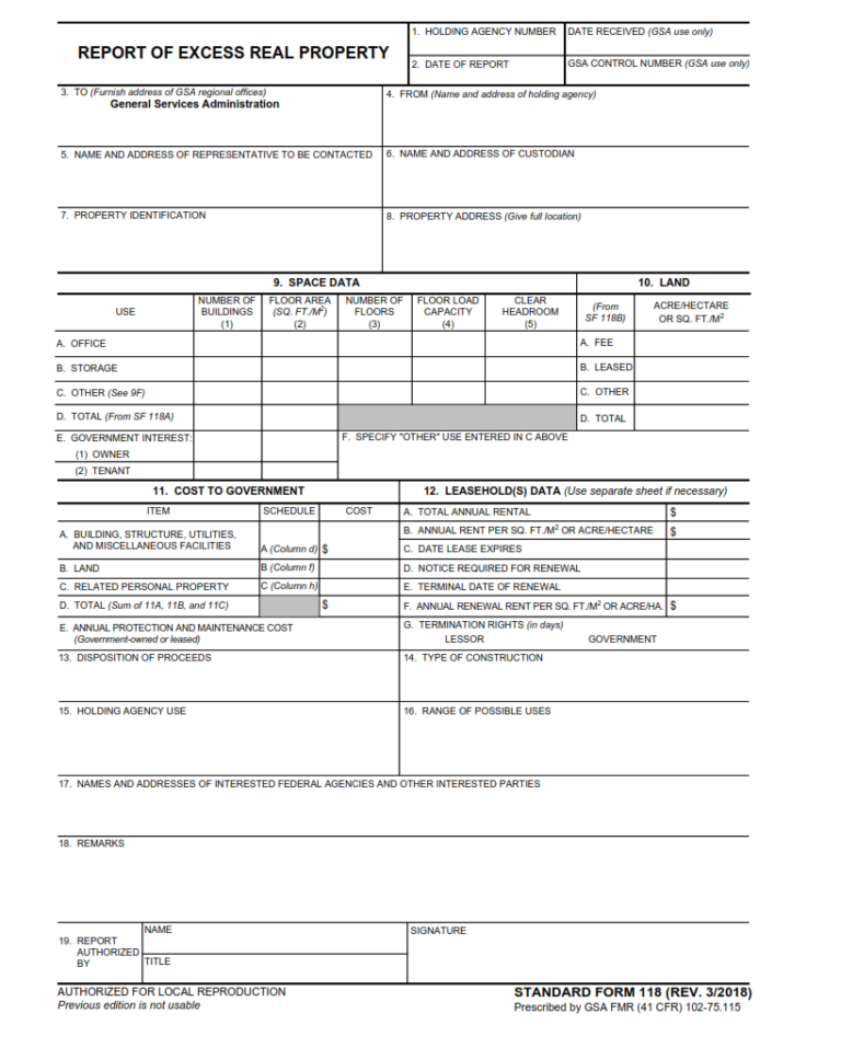 SF 118 Form – Report of Excess Real Property | SF Forms