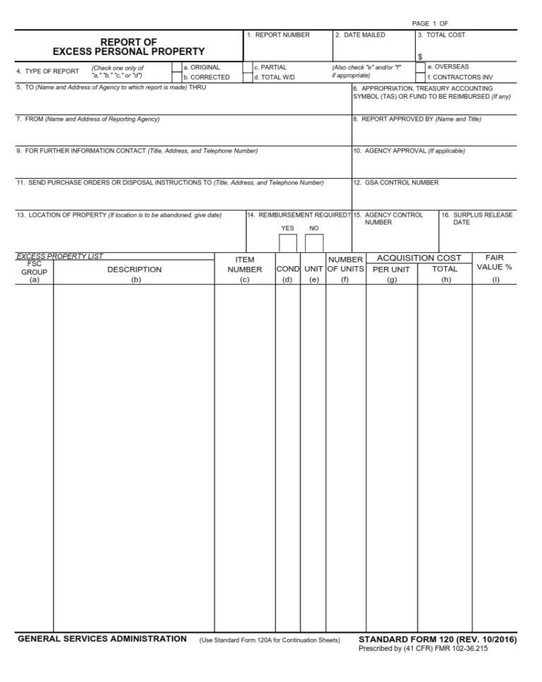 SF 120 Form – Report of Excess Personal Property | SF Forms