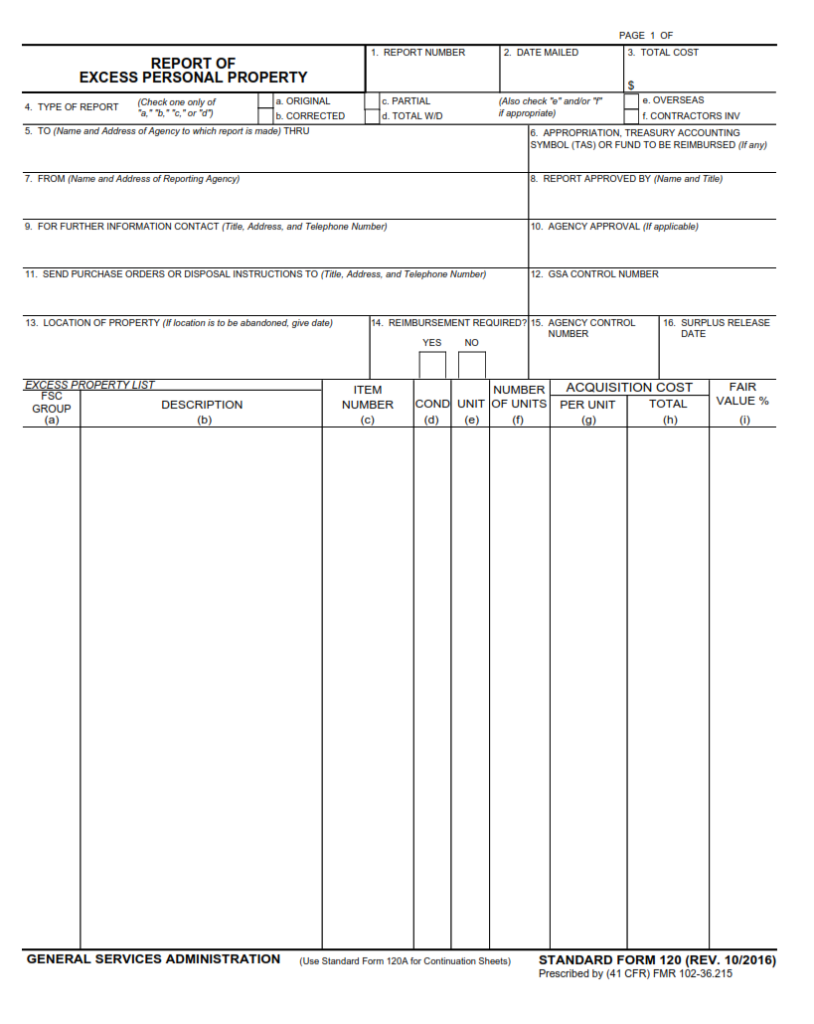SF 120 Form – Report of Excess Personal Property | SF Forms