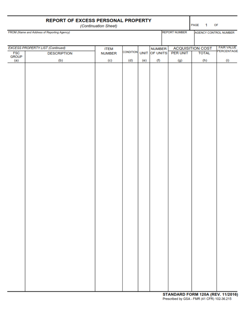 SF 120A Form – Report of Excess Personal Property (Continuation Sheet ...
