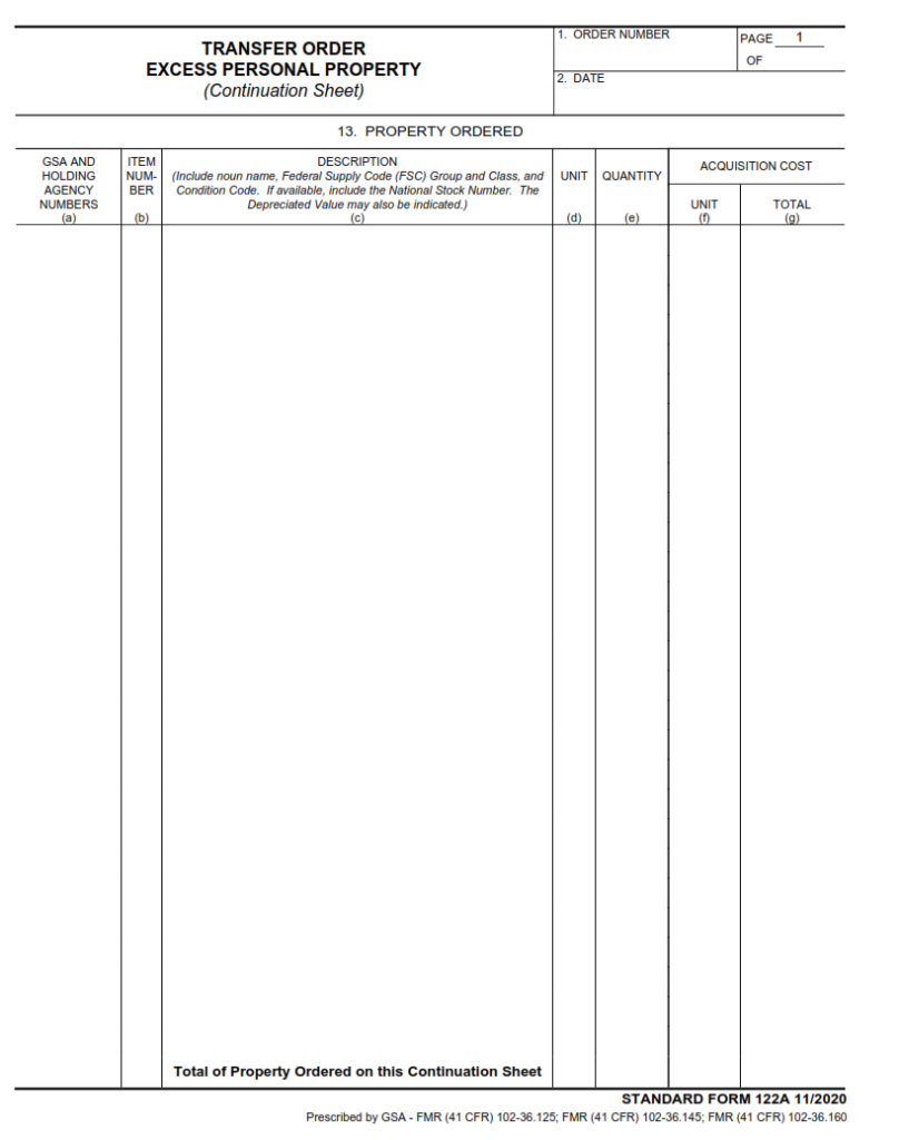 SF 122A Form – Transfer Order Excess Personal Property (Continuation ...