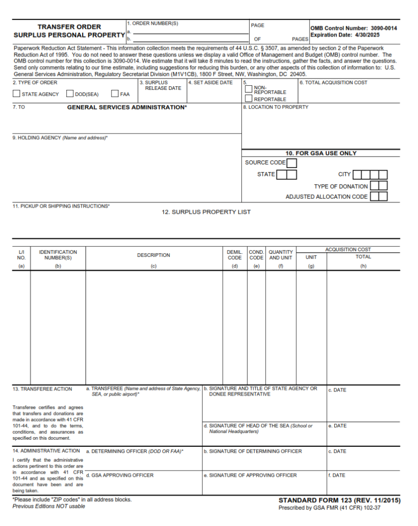 SF 123 Form – Transfer Order Surplus Personal Property | SF Forms