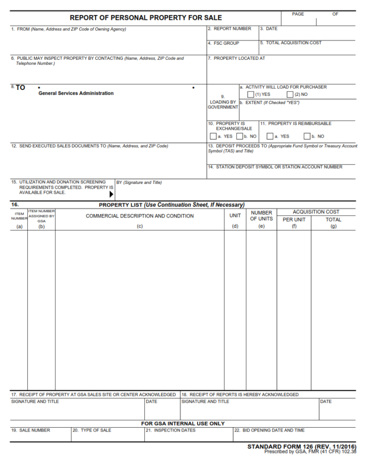 SF 126 Form – Report of Personal Property For Sale | SF Forms
