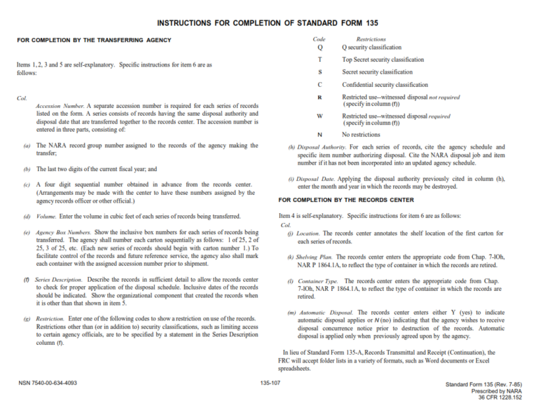 SF 135 Form – Records Transmittal and Receipt | SF Forms