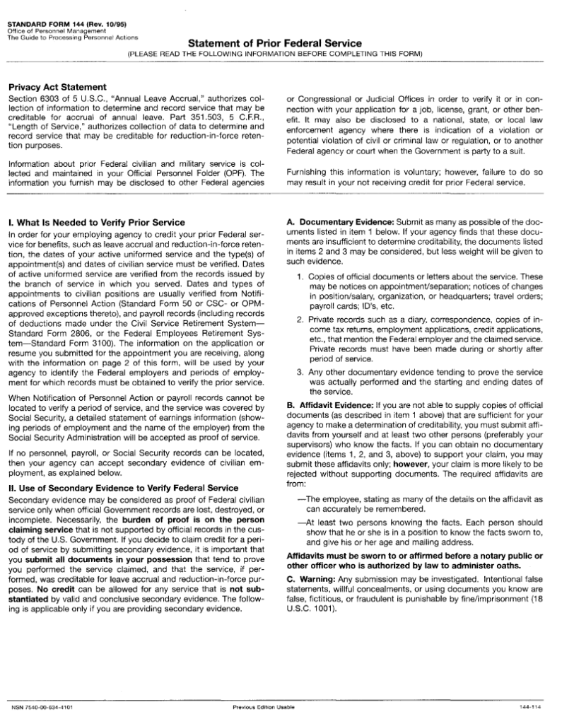 SF 144 Form – Statement of Prior Federal Service | SF Forms
