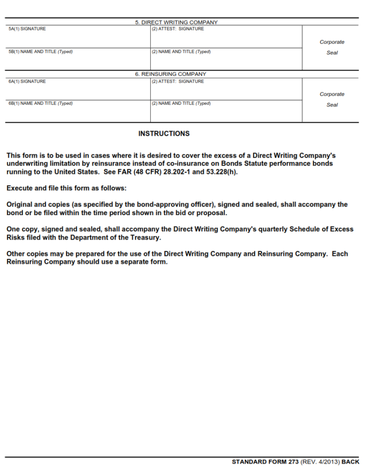SF 273 Form – Reinsurance Agreement for a Bonds Statute Performance ...