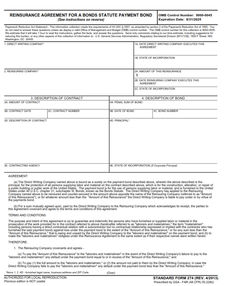 SF 274 Form – Reinsurance Agreement for a Bonds Statute Payment Bond ...