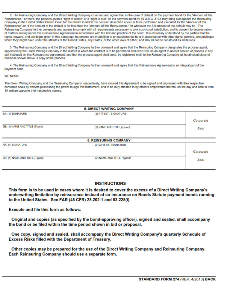 SF 274 Form – Reinsurance Agreement for a Bonds Statute Payment Bond ...