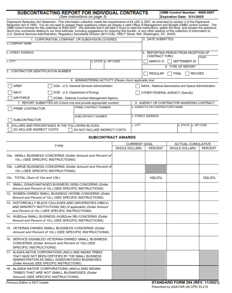 SF 294 Form – Subcontracting Report for Individual Contracts | SF Forms