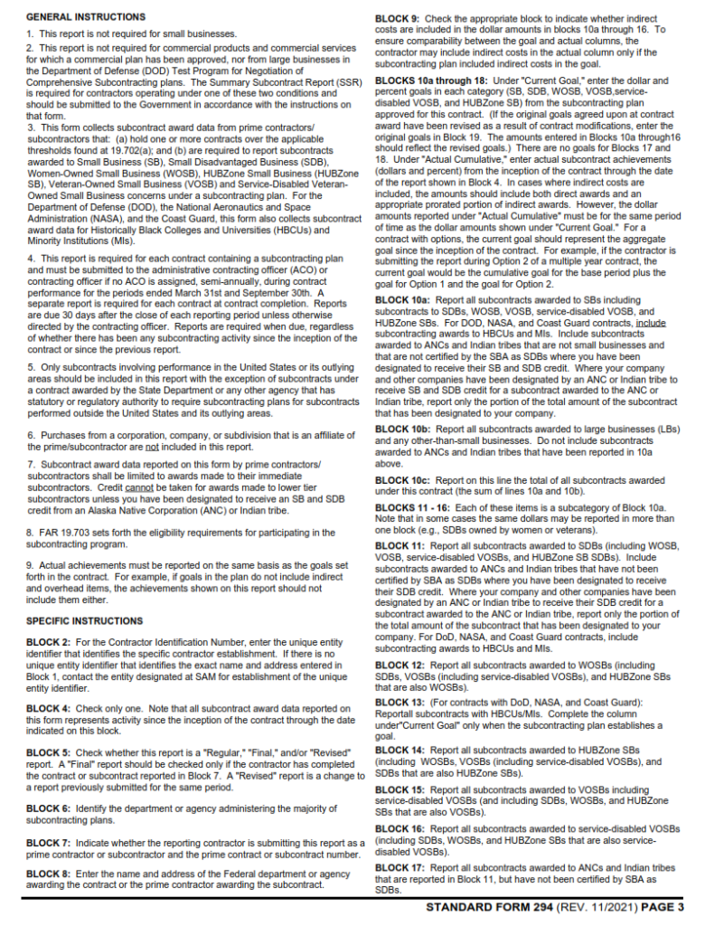 SF 294 Form – Subcontracting Report for Individual Contracts | SF Forms