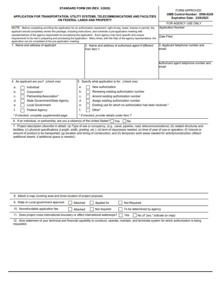 SF 299 Form – Application for Transportation, Utility Systems ...