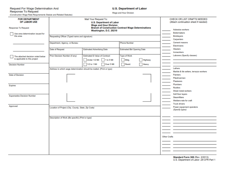 SF 308 Form – Request for Wage Determination and Response to Request ...