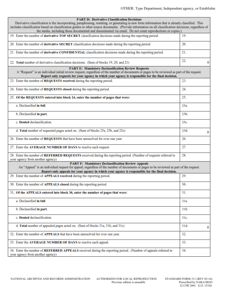 SF 311 Form – Agency Security Classification Management Program Data ...