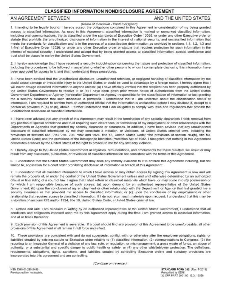 SF 312 Form – Classified Information Nondisclosure Agreement | SF Forms