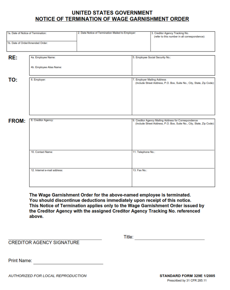 SF 329E Form – Notice of Termination of Wage Garnishment Order | SF Forms