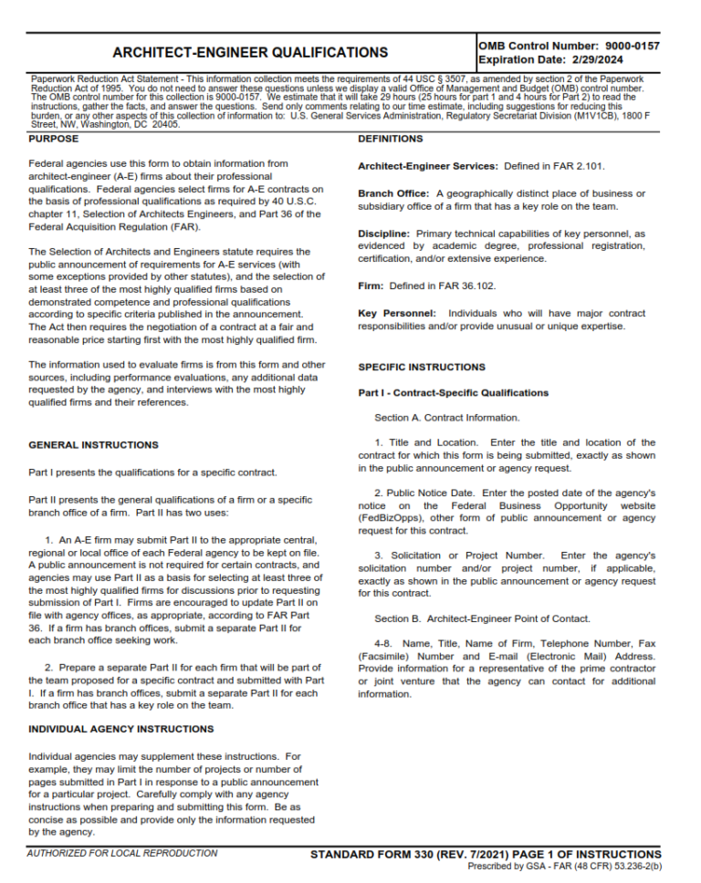 SF 330 Form – Architect-Engineer Qualifications | SF Forms