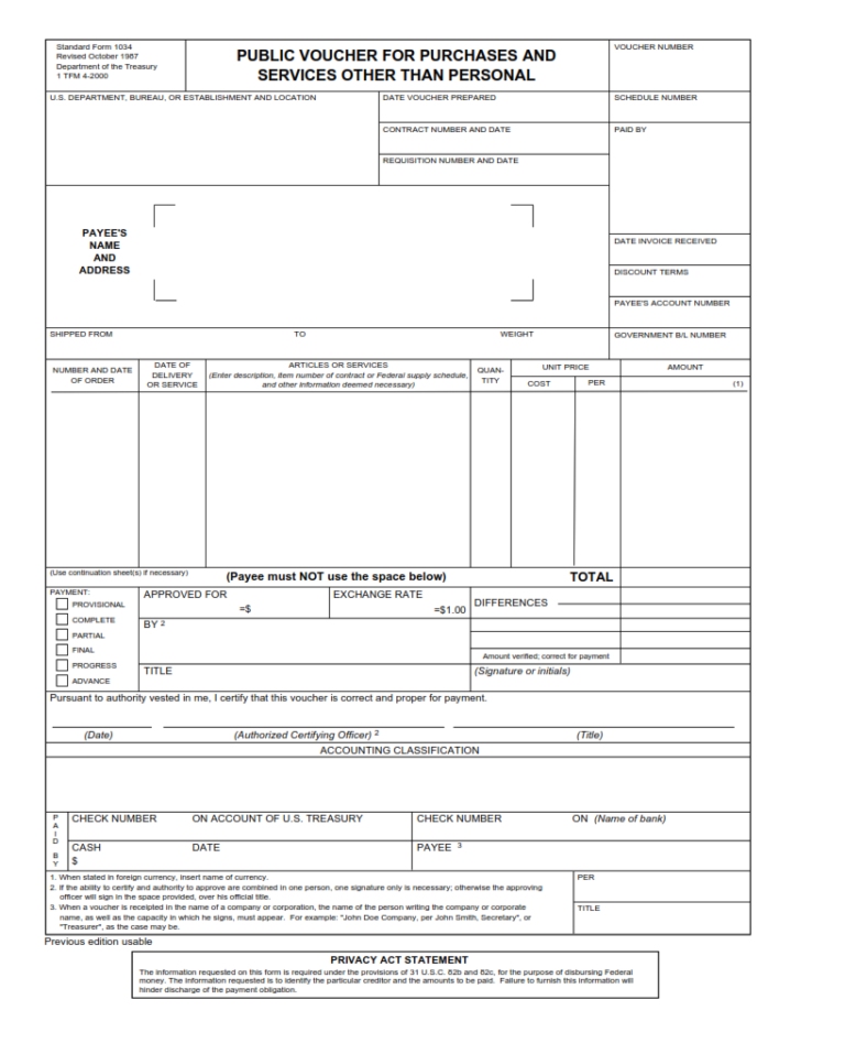 SF 1034 Form – Public Voucher for Purchases and Services Other Than ...