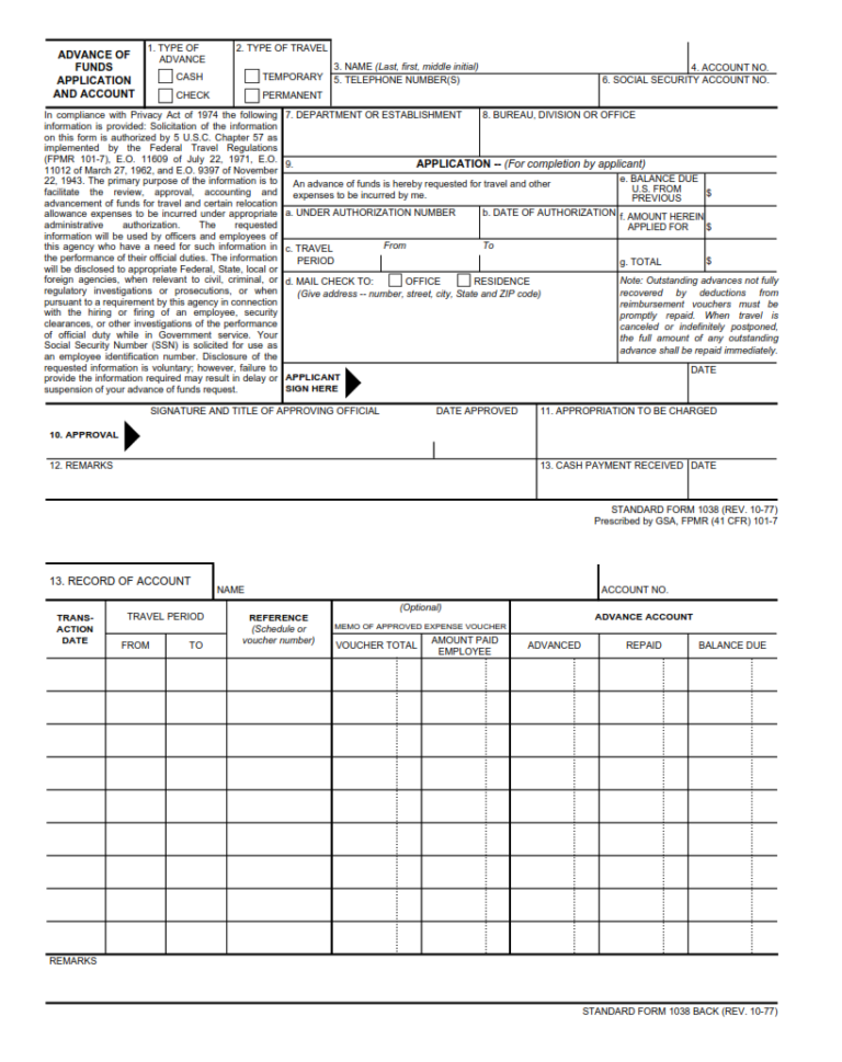 SF 1038 Form – Advance of Funds Application and Account | SF Forms