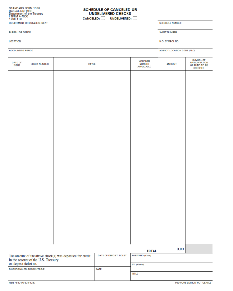 SF 1098 Form – Schedule of Canceled or Undelivered Checks | SF Forms