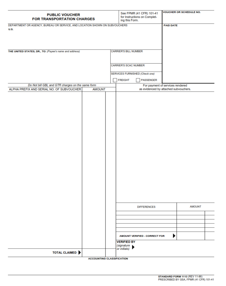 SF 1113 Form – Public Voucher for Transportation Charges | SF Forms