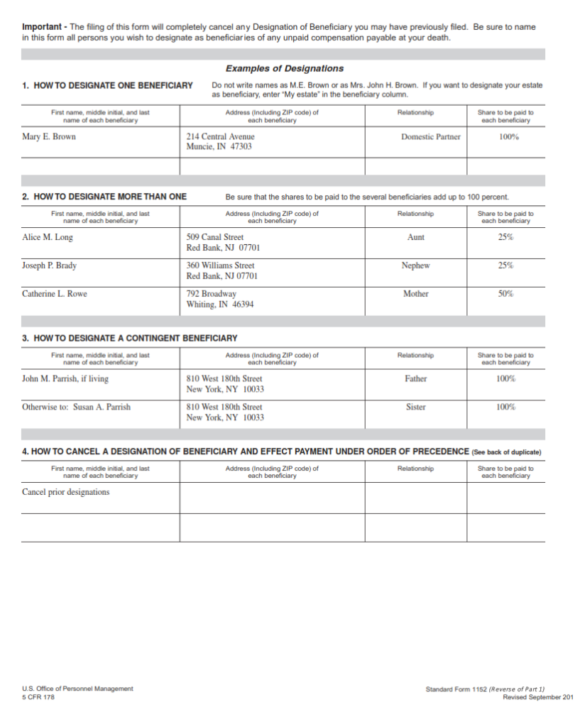 SF 1152 Form – Designation of Beneficiary – Unpaid Compensation of ...
