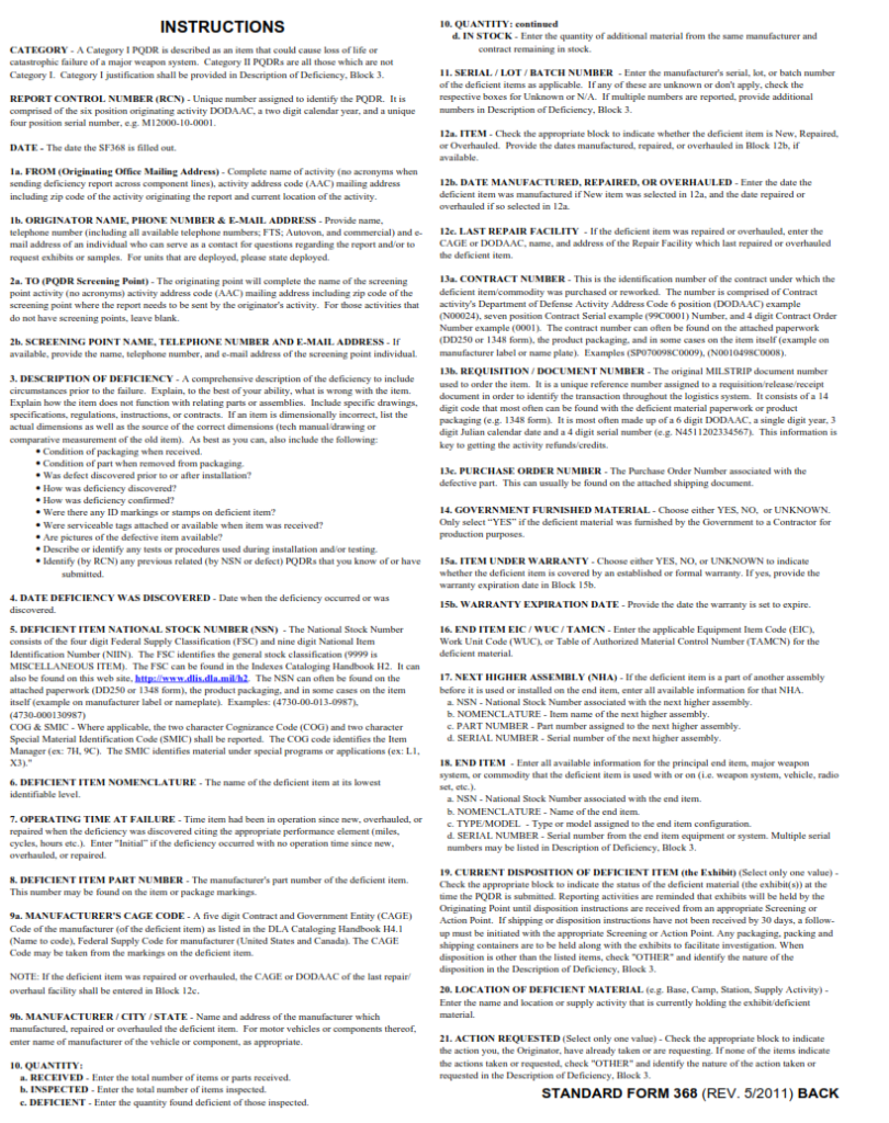 SF 368 Form – Product Quality Deficiency Report | SF Forms