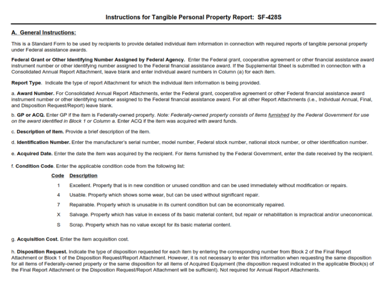 SF 428S Form – Tangible Personal Property Report – Supplemental Sheet ...