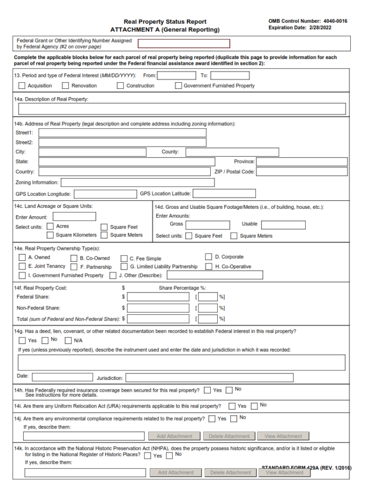 SF 429A Form – Real Property Status Report – Attachment A – General ...